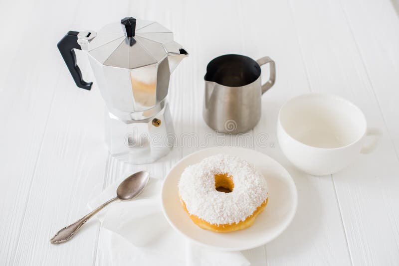 Elegant White Breakfast Table Setting Stock Photo - Image of donut ...