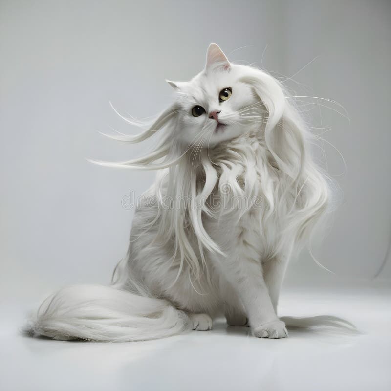 An Elegant White Cat with Long Cascading Hair Stock Illustration ...
