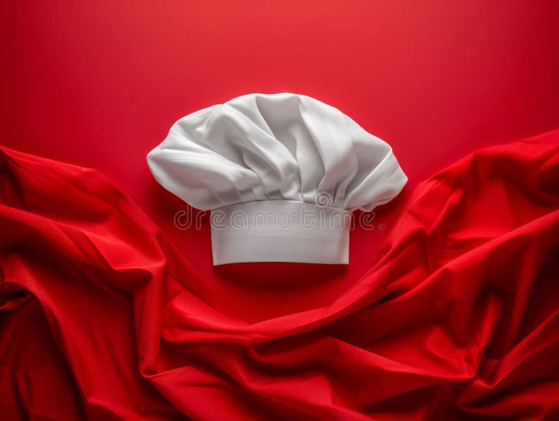 Elegant White Chef Hat Centered on a Flowing Red Satin Fabric ...