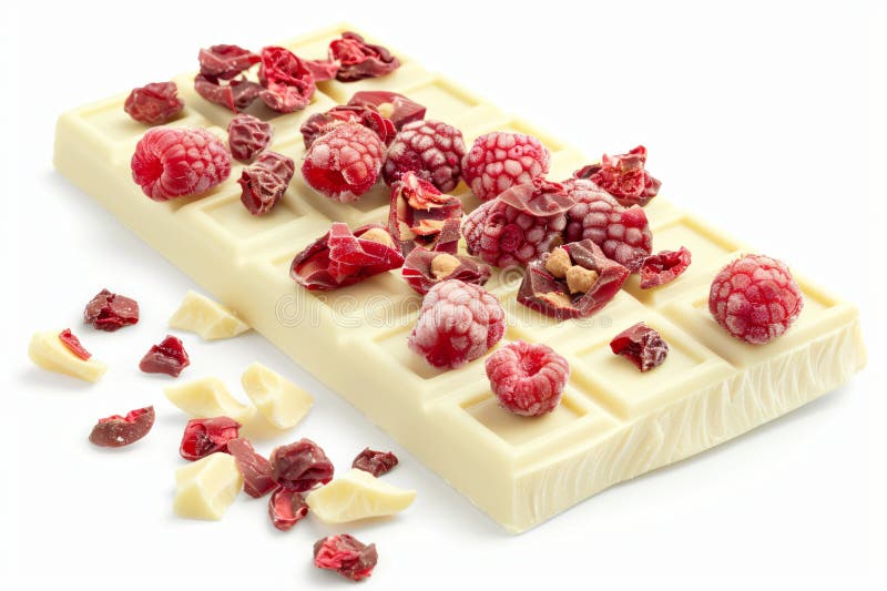 Elegant White Chocolate with Raspberries and Nuts Against Simple White ...