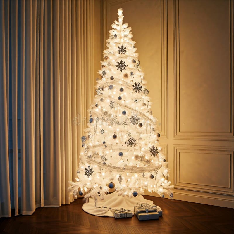 Elegant White Christmas Tree with Silver Accents Stock Illustration ...