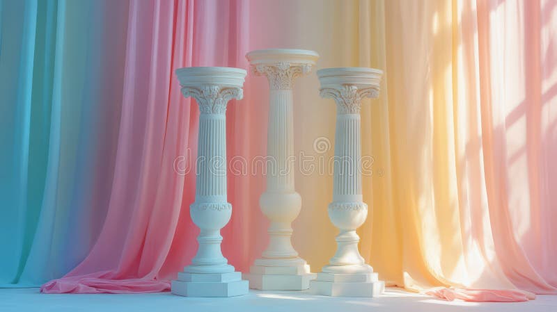 Elegant White Columns Illuminated by Soft Pastel Drapes in a Studio ...