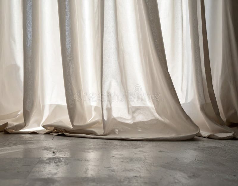 Elegant White Curtain Drapery with Soft Light on a Textured Grey Floor ...
