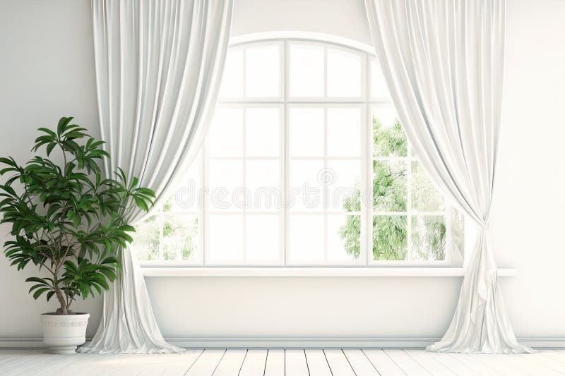 Elegant White Curtains Frame a Large Arched Window Overlooking a Serene ...