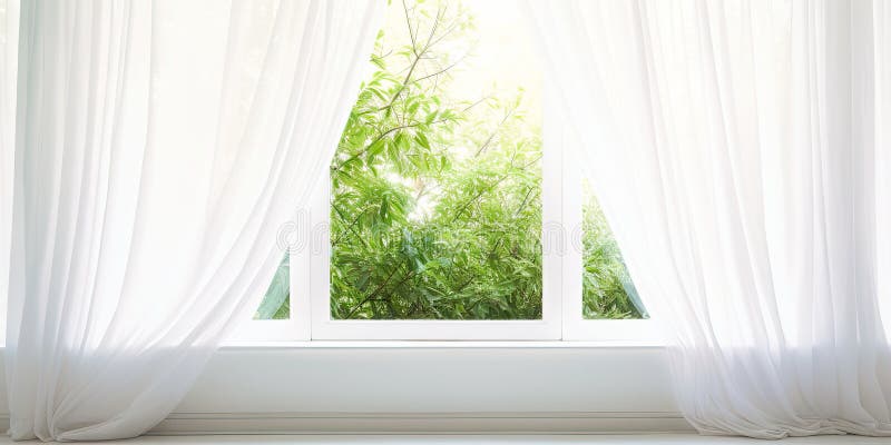 Elegant White Curtains Frame a Large Arched Window Overlooking a Serene ...