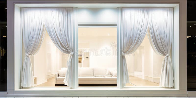 Elegant White Curtains Frame a Large Arched Window Overlooking a Serene ...