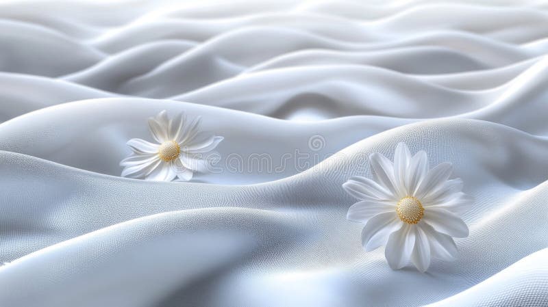 Elegant White Daisies on Soft Wavy White Fabric Textile Surface ...