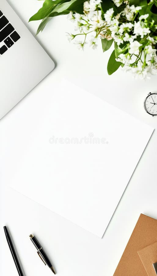 Elegant White Desk Setup Featuring Rectangular Paper, Macbook, Flowers ...