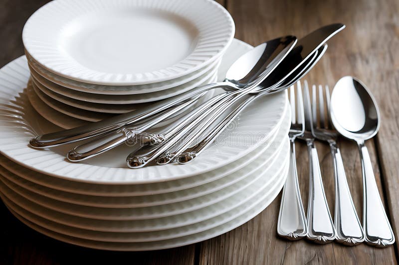Elegant White Dinner Plates Stacked with Silverware Set Stock ...