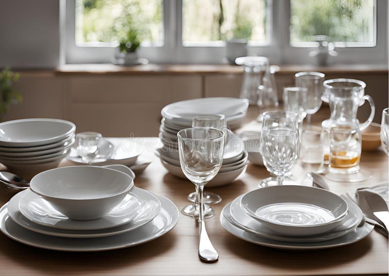 Elegant White Dinnerware and Glassware Set on Wooden Table Modern ...