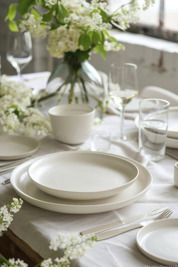 Elegant White Dinnerware Set on a Beautifully Decorated Dining Table ...
