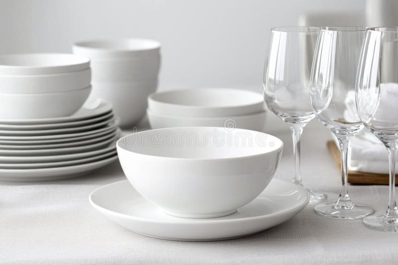 Elegant White Dinnerware Set Featuring Bowls, Plates, and Glasses ...