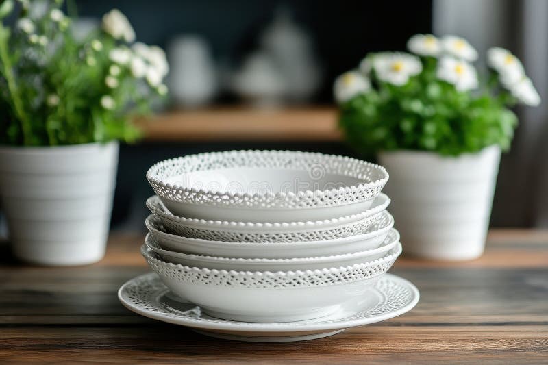 Elegant White Dinnerware Stack Kitchen Tableware Cozy Home Close-up ...