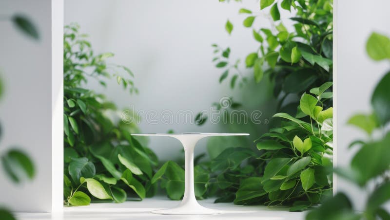 Elegant White Display Stand with Lush Greenery Stock Image - Image of ...