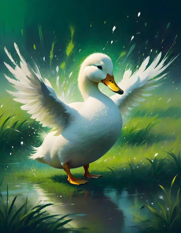 Elegant White Duck with Wings Fully Extended Amidst Greenery ...