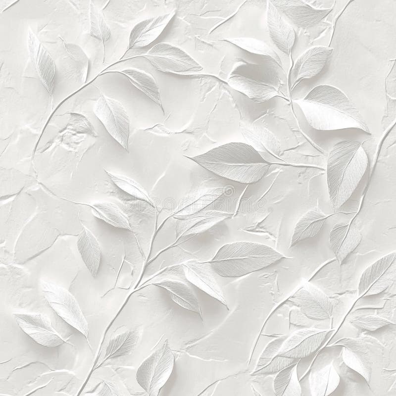 Elegant White Embossed Leaves on Textured Wall Seamless Botanical ...