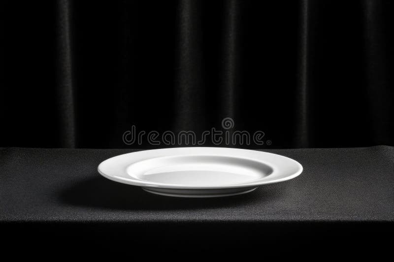 Elegant White Empty Plate on a Black Tablecloth with a Dark Background ...