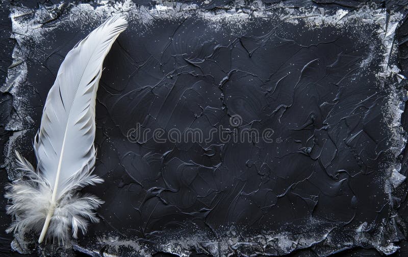 Elegant White Feather on Textured Black Paper with Silver Glitter ...