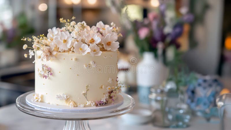 Elegant White Floral Cake in Soft Focus Kitchen Setting Stock Photo ...