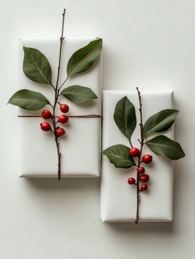 Elegant White Gift Boxes Adorned with Red Berries and Green Leaves on a ...