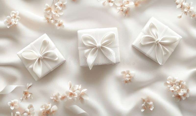 Elegant White Gift Boxes with Bows, Surrounded by Delicate Flowers on ...