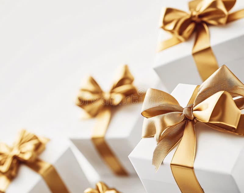 Elegant White Gift Boxes with Gold Ribbon Bows High Quality Image Stock ...