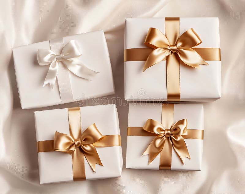 Elegant White Gift Boxes with Gold Ribbons on Silk High Quality Image ...