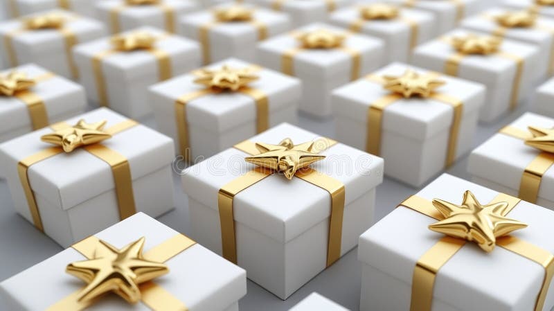 Elegant White Gift Boxes with Gold Ribbons and Star Shaped Decorations ...