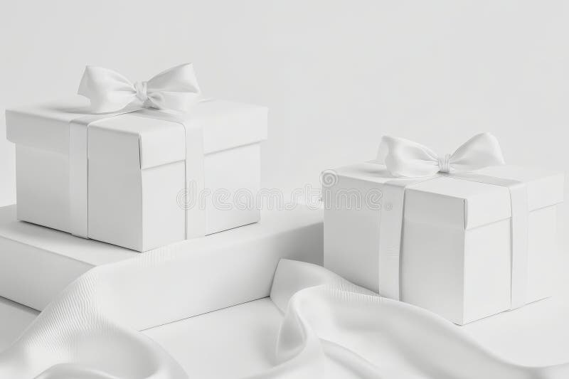 Elegant White Gift Boxes with Satin Ribbons on a Soft Fabric Background ...