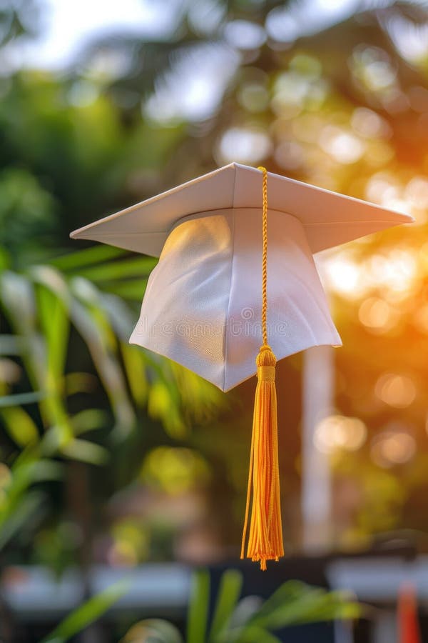 Elegant White Graduation Cap Floating in the Sunlit University Campus ...
