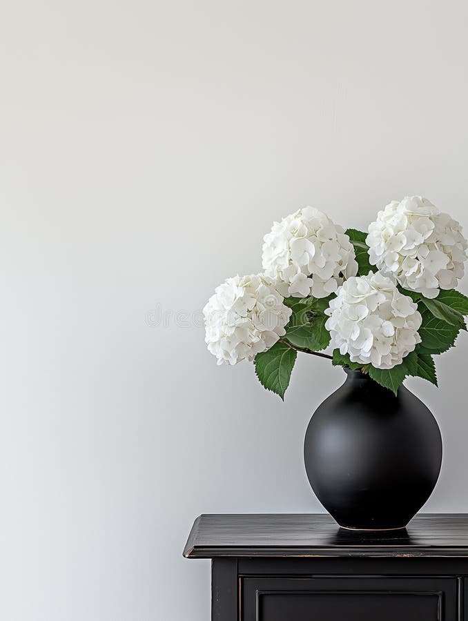 Elegant White Hydrangea Bouquet in Black Vase Stock Photo - Image of arrangement, minimalist ...