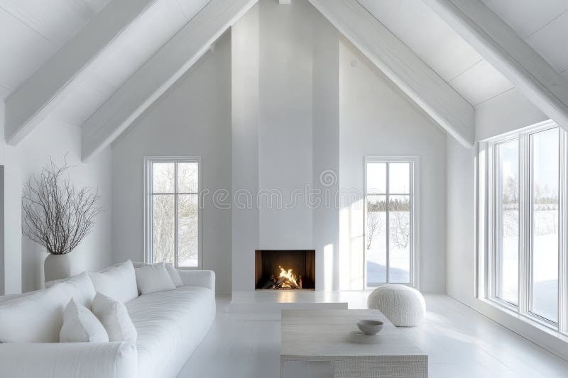 ?Elegant White Interior Featuring a Fireplace and Large Windows Stock ...
