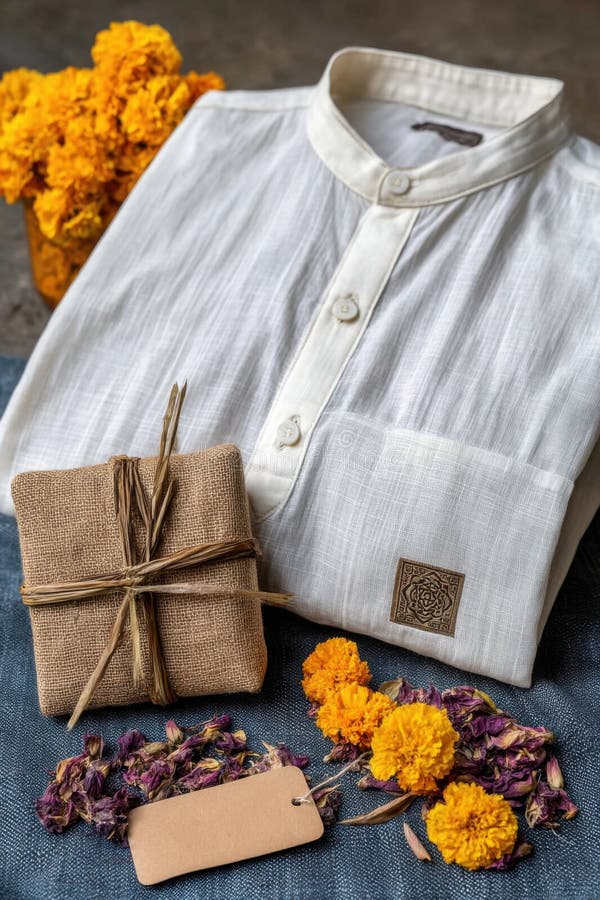 Elegant White Kurta with Marigolds and Rustic Gift Packaging on Denim ...
