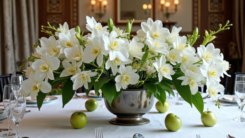 Elegant White Lily Centerpiece with Green Apples on Dining Table Stock ...