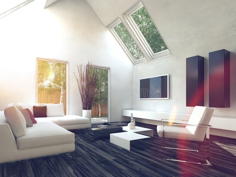 Elegant White Living Room with Glass Windows Stock Illustration ...