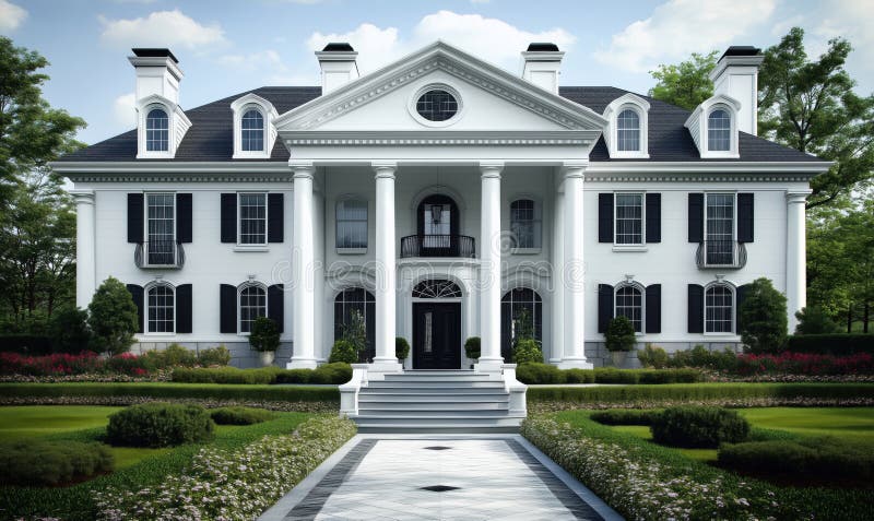 Elegant White Mansion with Grand Columns and Manicured Gardens in a ...
