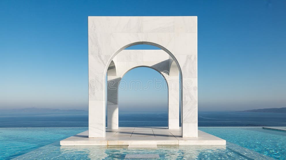 Elegant White Marble Structure with Arches in a Luxurious Infinity Pool ...