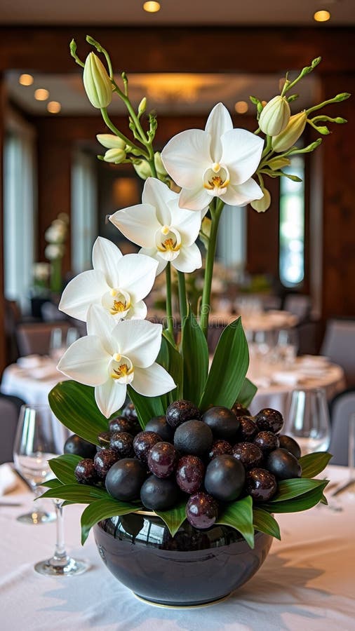 Elegant White Orchid and Dark Grapes Centerpiece on Dining Table Stock ...