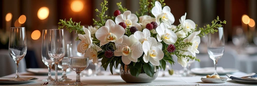 Elegant White Orchid Table Centerpiece with Berries in a Luxurious ...
