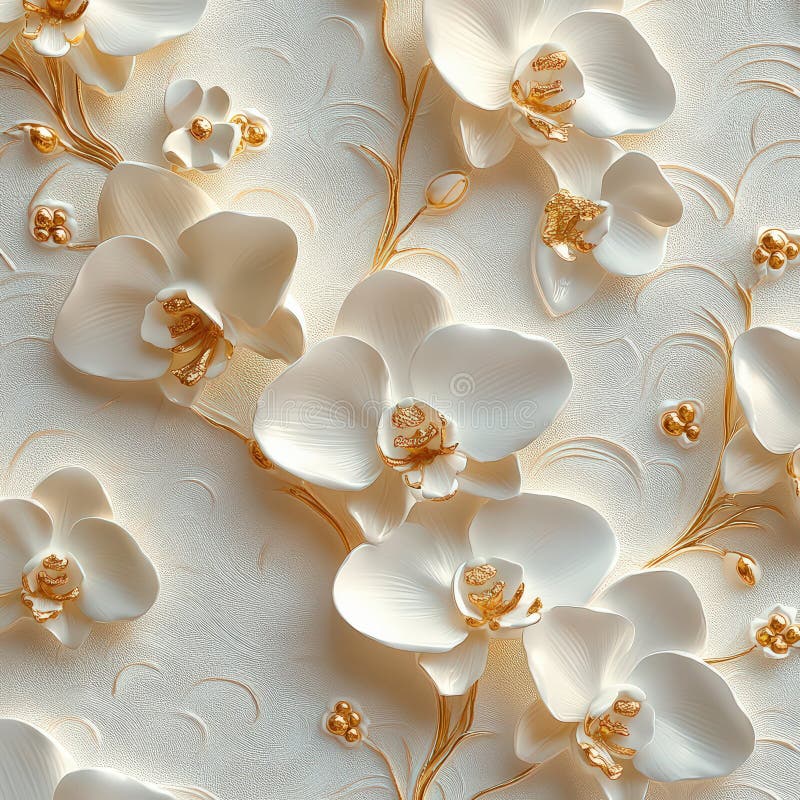 Elegant White Orchids on Cream Background in Intricate Design Pattern ...