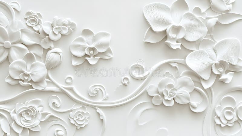 Elegant White Relief of Orchids and Floral Patterns on a Wall ...