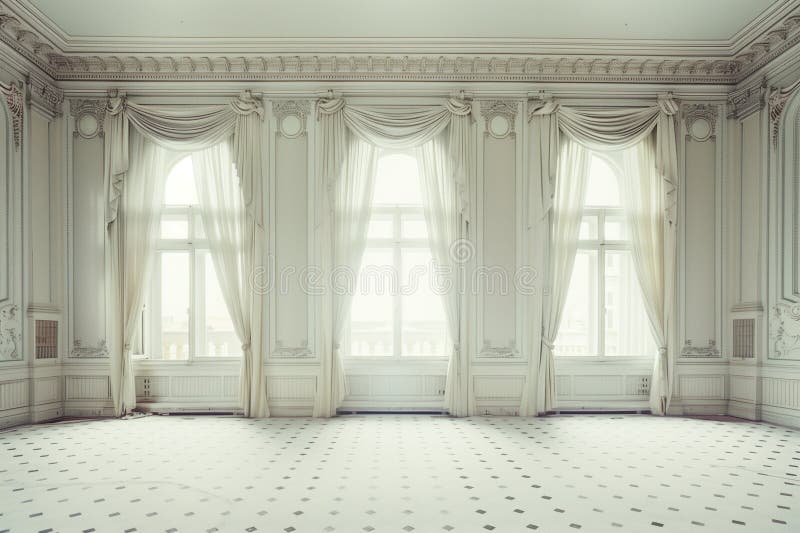 Elegant White Room with Ornate Molding and Windows Stock Illustration ...
