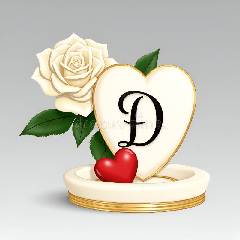 Elegant White Rose with Gold Heart and Letter D Design Stock ...