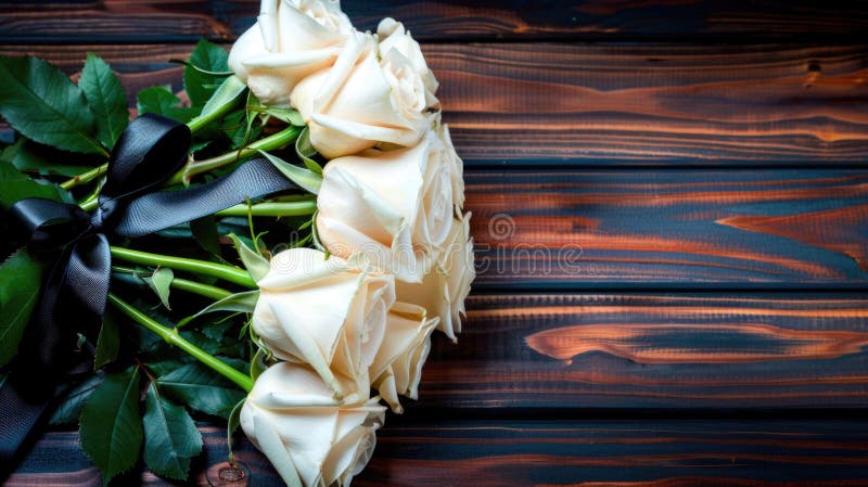 Elegant White Roses with Black Ribbon on Rustic Wooden Surface Stock ...