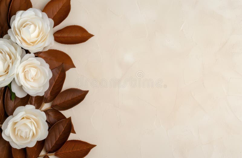 Elegant White Roses with Brown Leaves on a Textured Background Stock ...