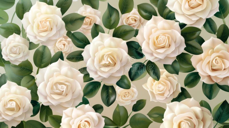 Elegant White Roses with Green Leaves Stock Illustration - Illustration ...