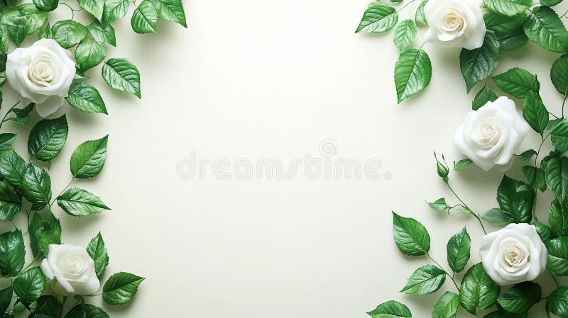 Elegant White Roses and Greenery Border on Light Background Stock ...