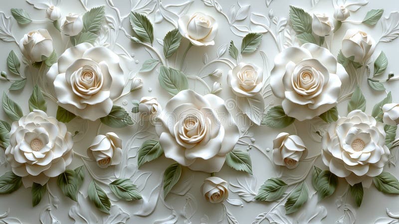 Elegant White Roses and Leaves in a 3D Embossed Design on a White ...
