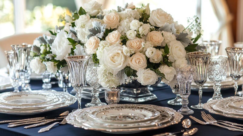 Elegant White Roses Table Setting with Crystal Goblets and Silverware ...