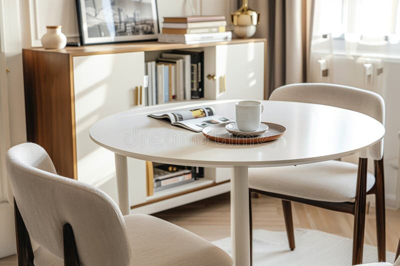 Elegant White Round Table Set for Two in a Sunlit Modern Dining Room ...
